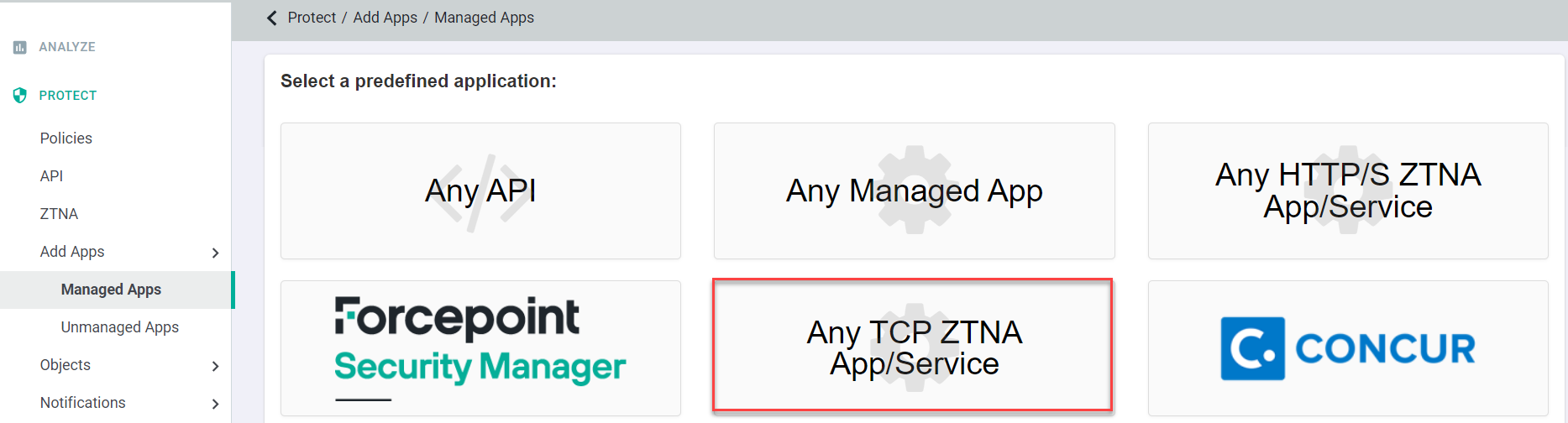 Adding an internal TCP based agent-ZTNA application